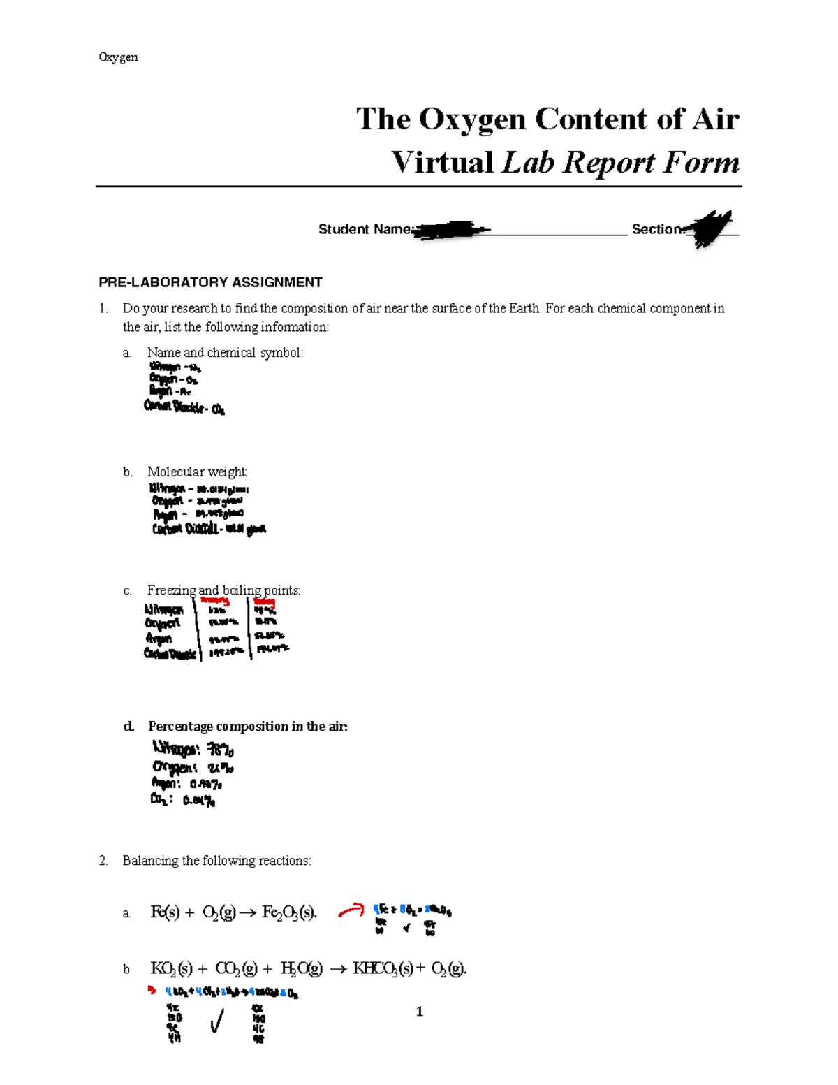 Oxygen content of air - 1 The Oxygen Content of Air Virtual Lab Report ...