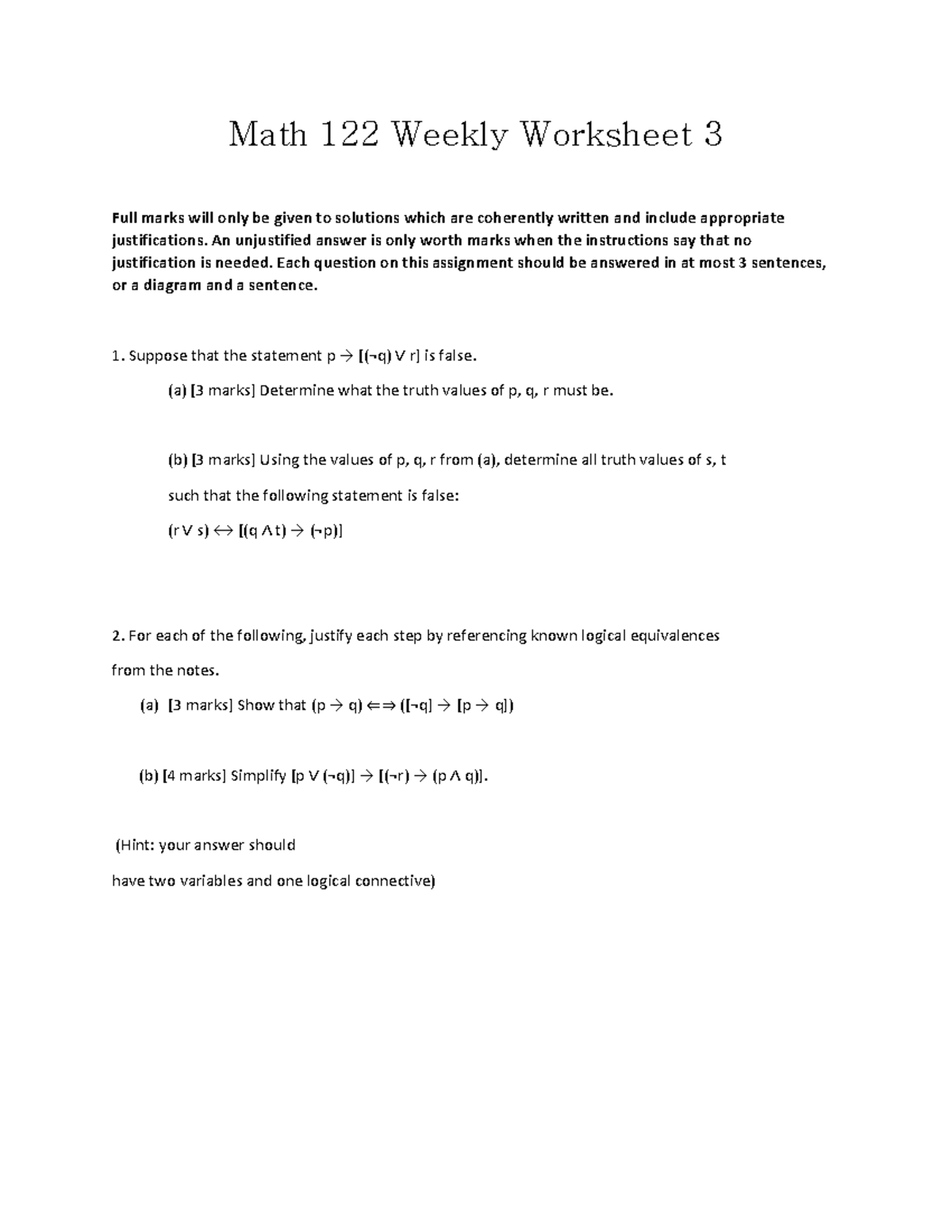 Math 122 Weekly Worksheet 3 - Math 122 Weekly Worksheet 3 Full marks ...