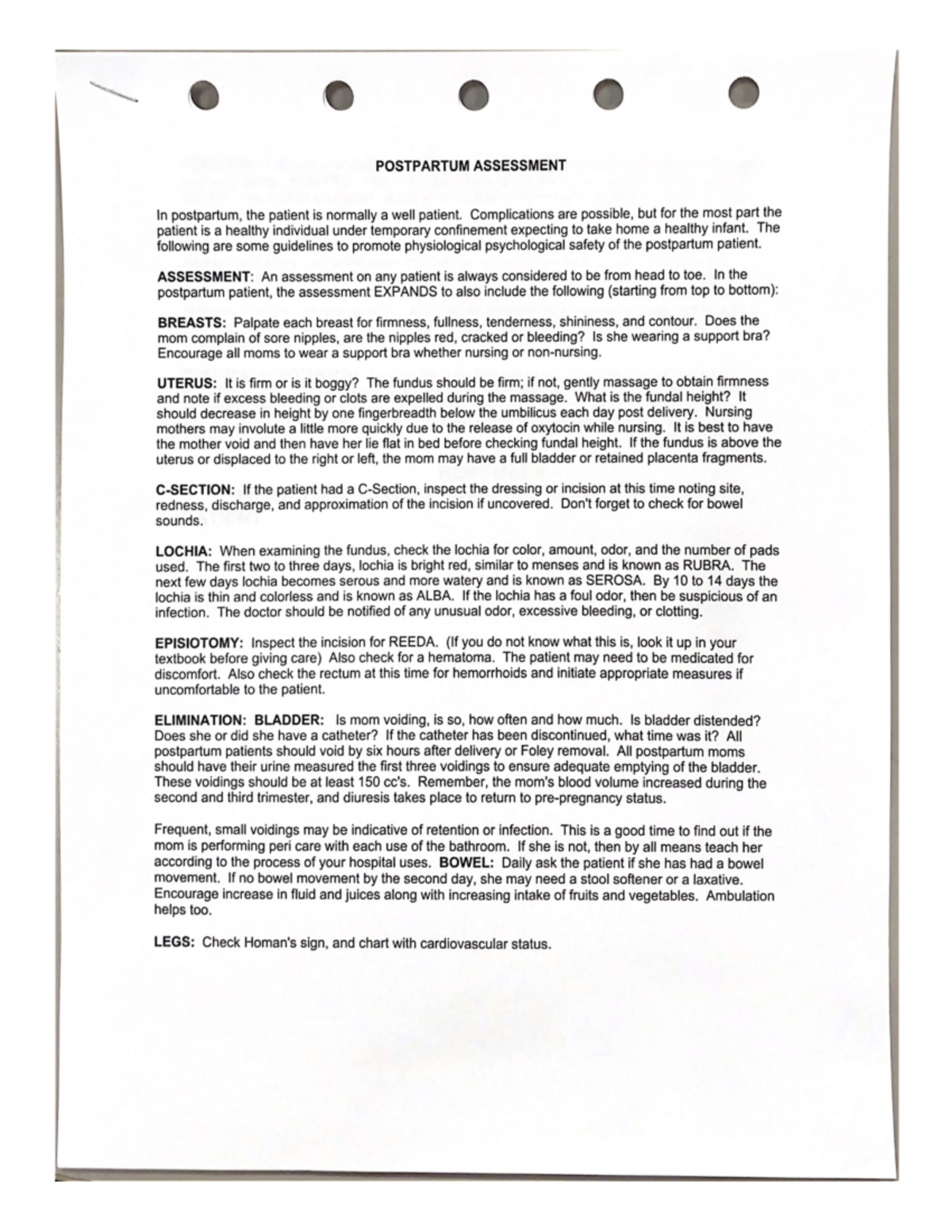 Postpartum Assessmentchecklist - NURS 120 - Studocu