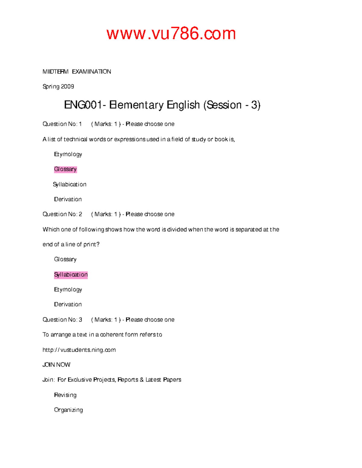 Eng001 mid term 1 www - MIDTERM EXAMINATION Spring 2009 ENG001 ...