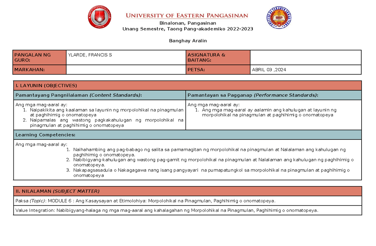 Lesson plan Format UEP - Unang Semestre, Taong Pang-akademiko 2022 ...