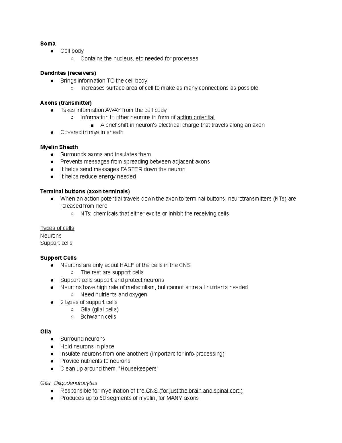 Psych Notes Chapter 3 - Soma Cell body Contains the nucleus, etc needed ...