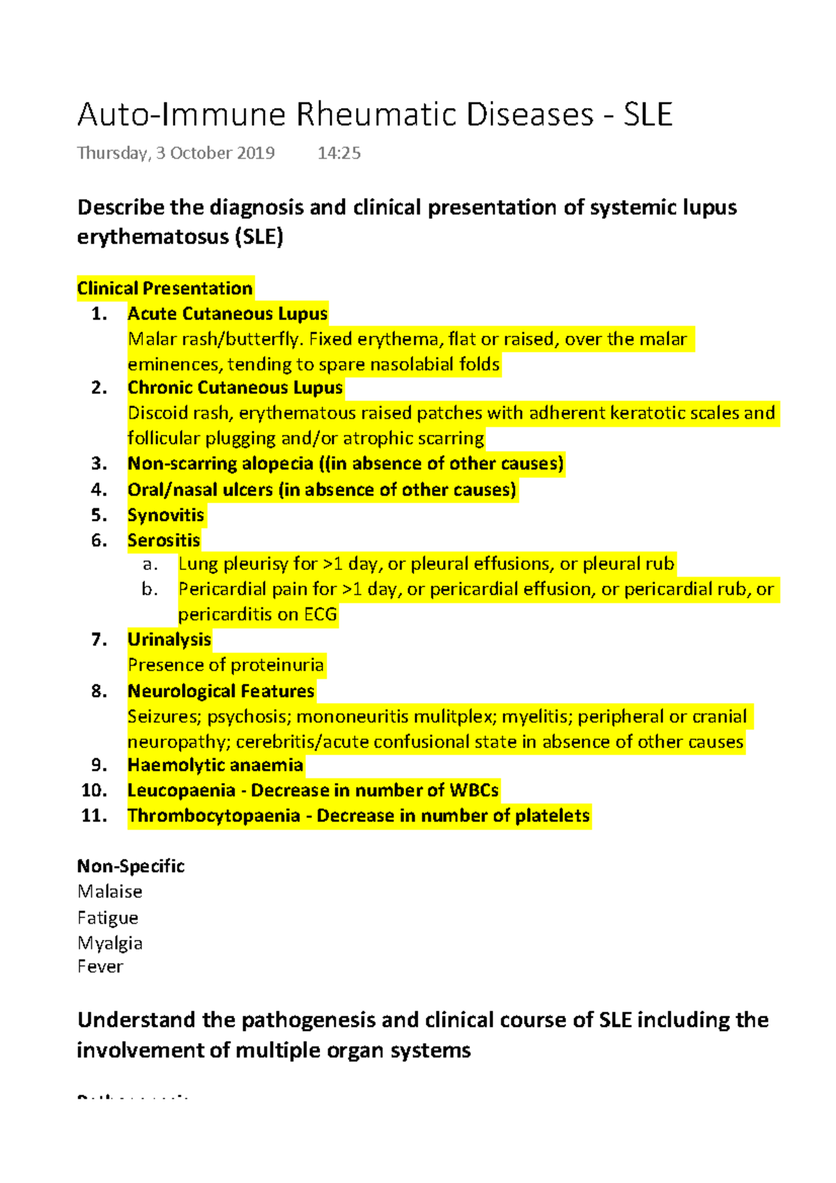 Auto-Immune Rheumatic Diseases - SLE - Describe the diagnosis and ...