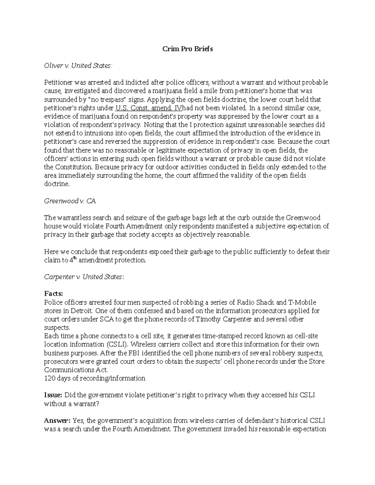 Criminal procedure case briefs - Crim Pro Briefs Oliver v. United ...