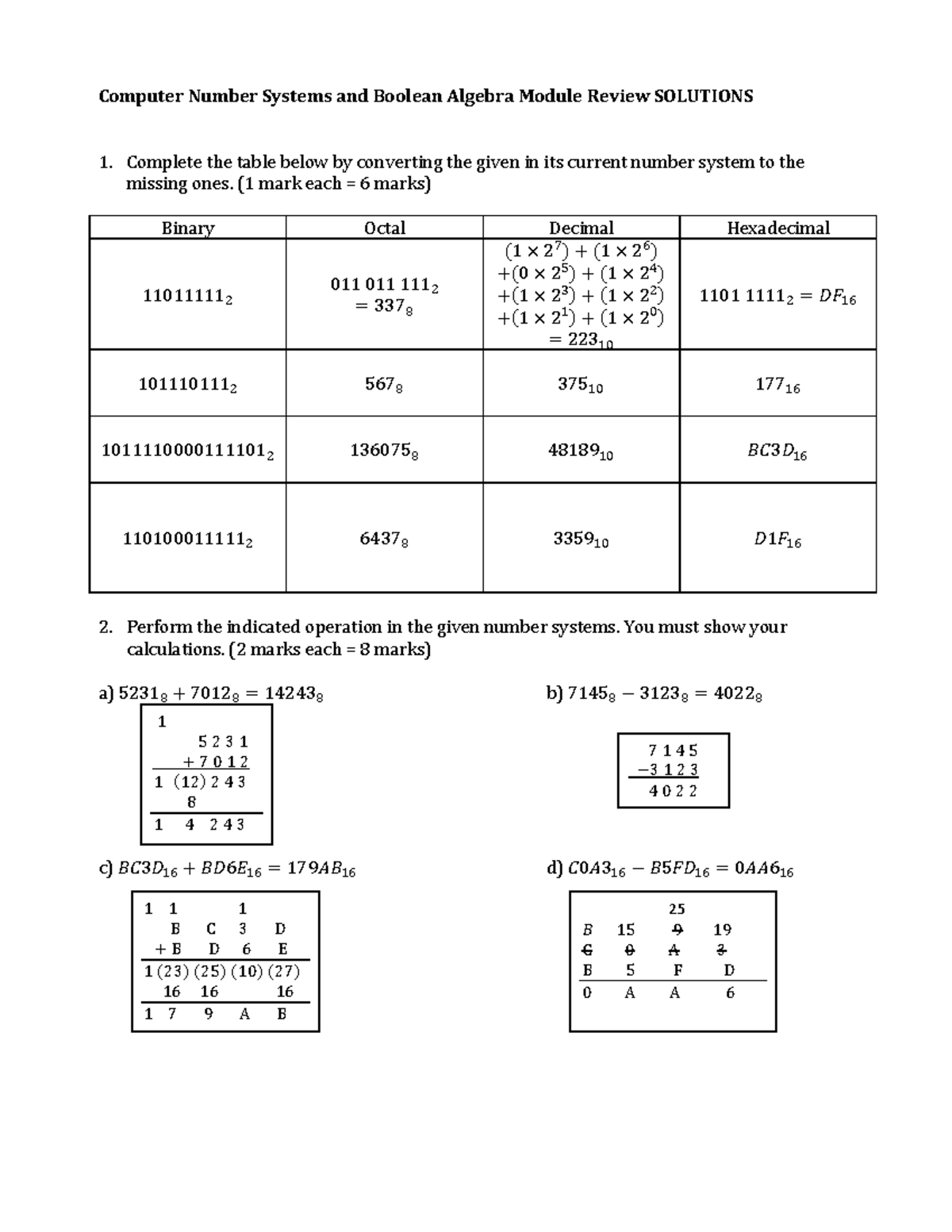 Computer Number Systems And Boolean Algebra Review Solutions Computer Number Systems And