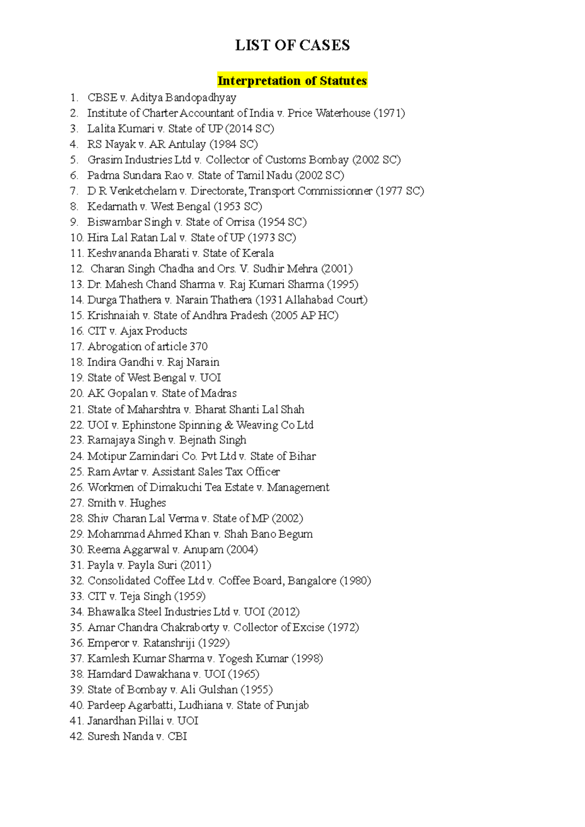 LIST OF Cases for IPR - LIST OF CASES Interpretation of Statutes CBSE v ...