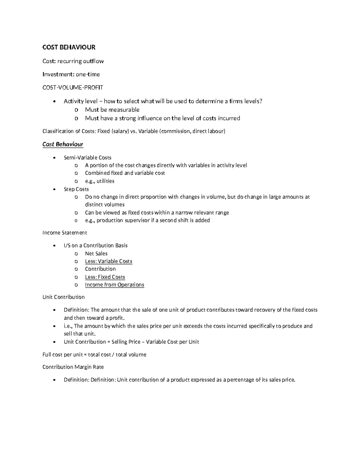 Bus2257 - session 1 - COST BEHAVIOUR Cost: recurring outflow Investment ...