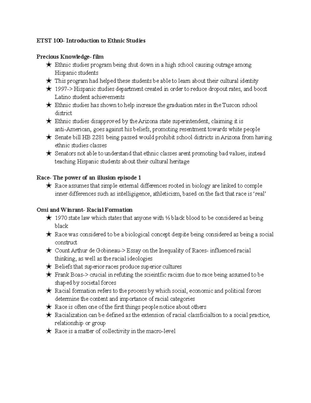 ETST 100 readings - notes - ETST 100- Introduction to Ethnic Studies ...