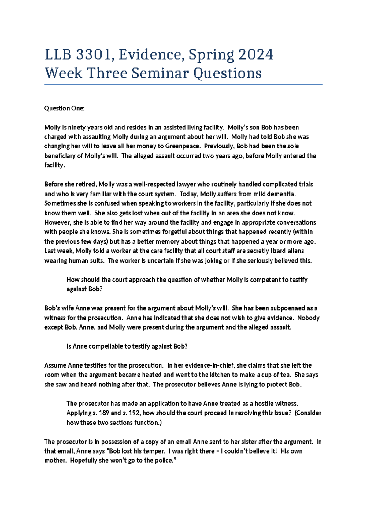 LLB 3301 Week 3 Seminar Questions 2024 - LLB 3301, Evidence, Spring ...