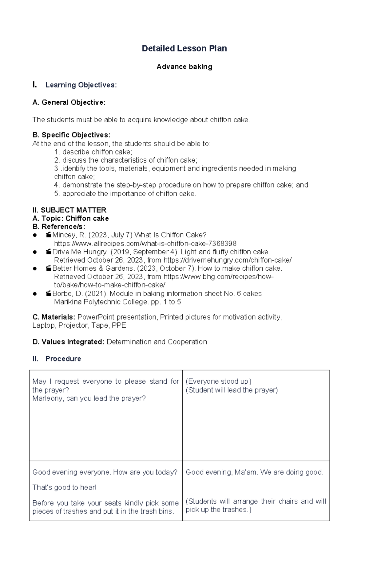 Detailed Lesson Plan in PED 8 - Detailed Lesson Plan Advance baking I ...