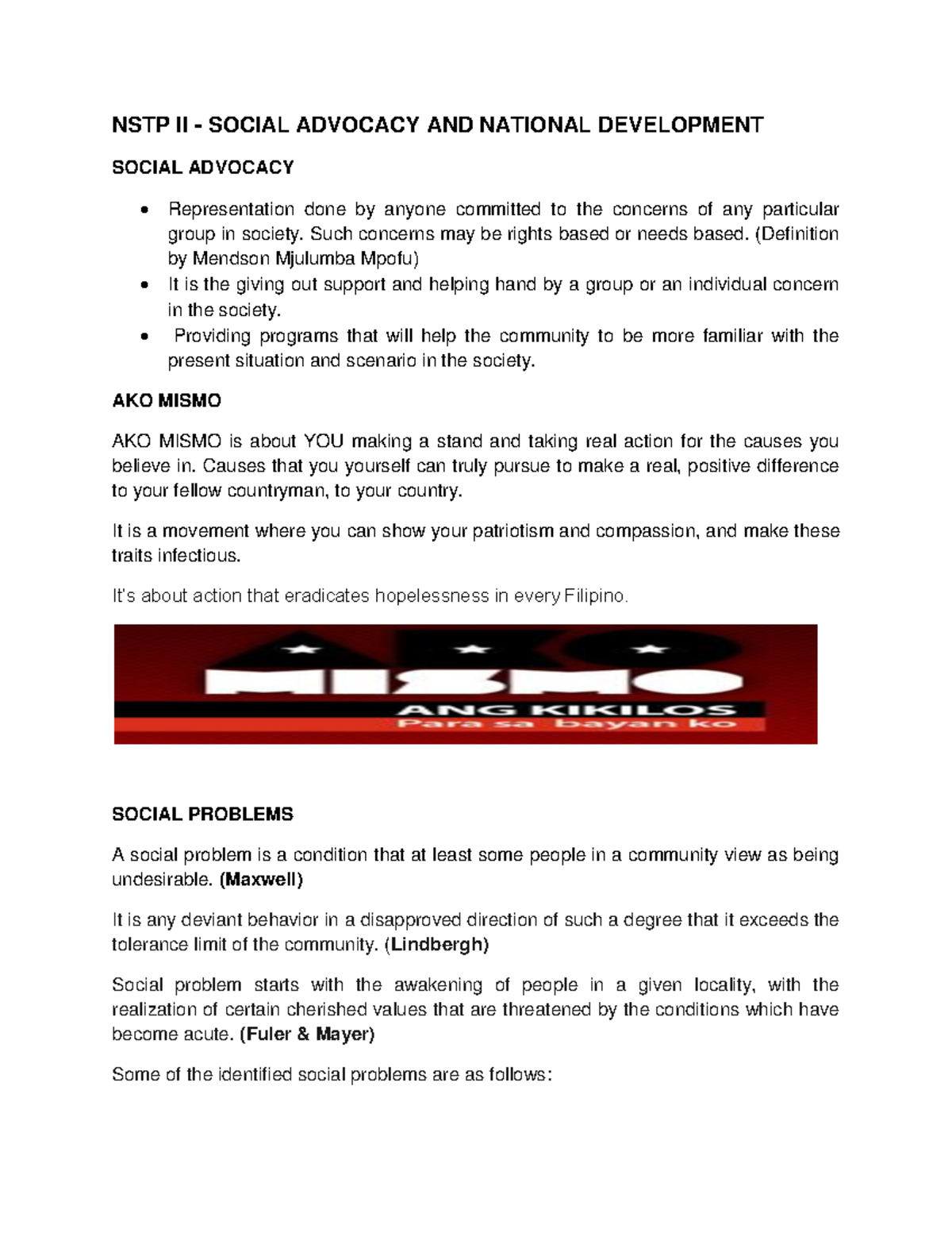 Week1 - Social Problems - NSTP II - SOCIAL ADVOCACY AND NATIONAL ...
