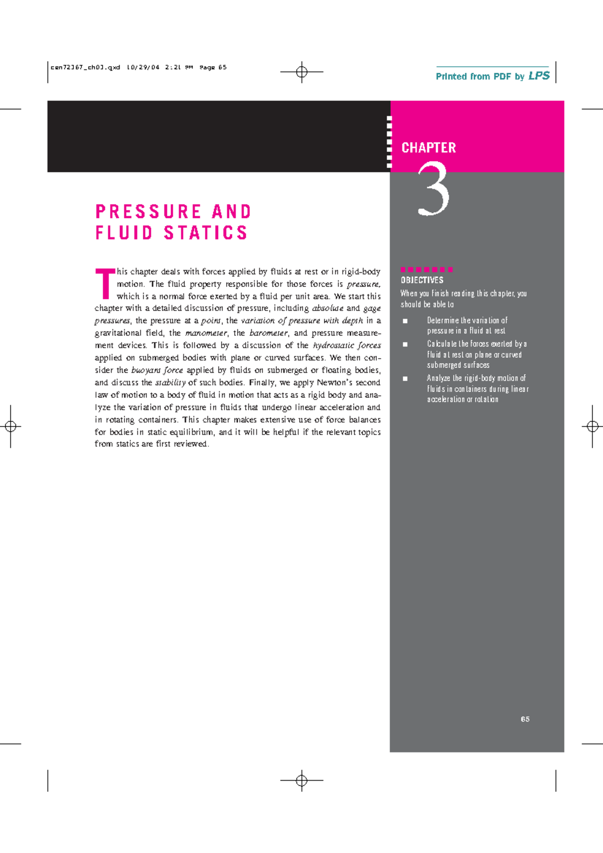 Chapter 3 - Lecture notes 3 - PRESSURE AND FLUID STATICS T his chapter ...