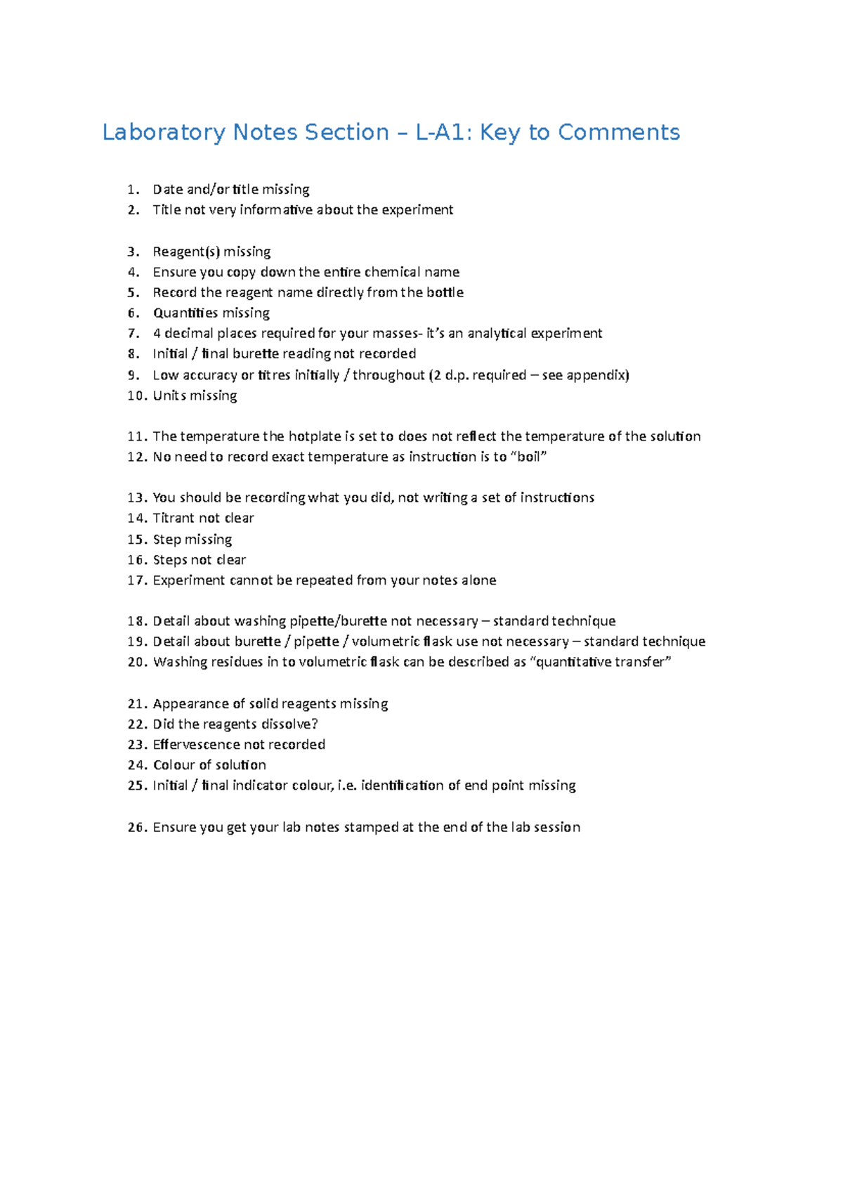 Laboratory Notes Section L-A1 Key to feedback comments - Laboratory ...
