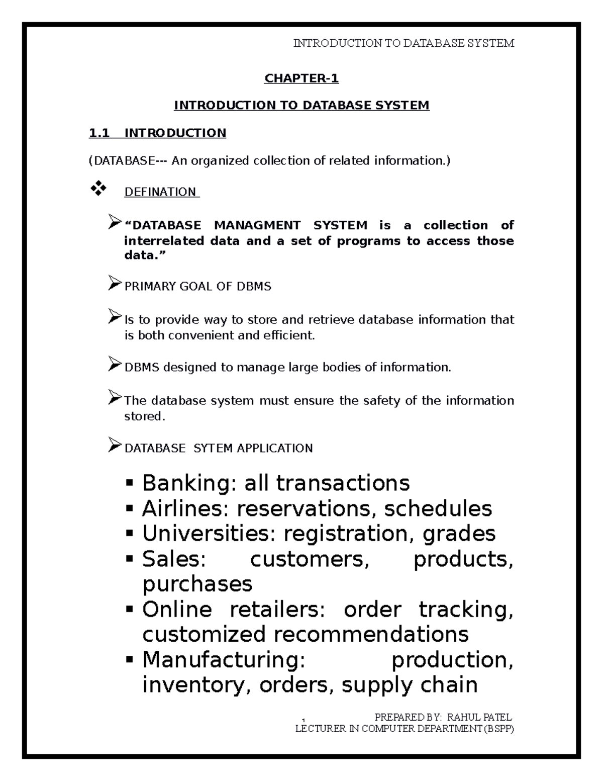 CH-1 dbms - there are help ffor many stu.. - CHAPTER- INTRODUCTION TO DATABASE SYSTEM 1 ...