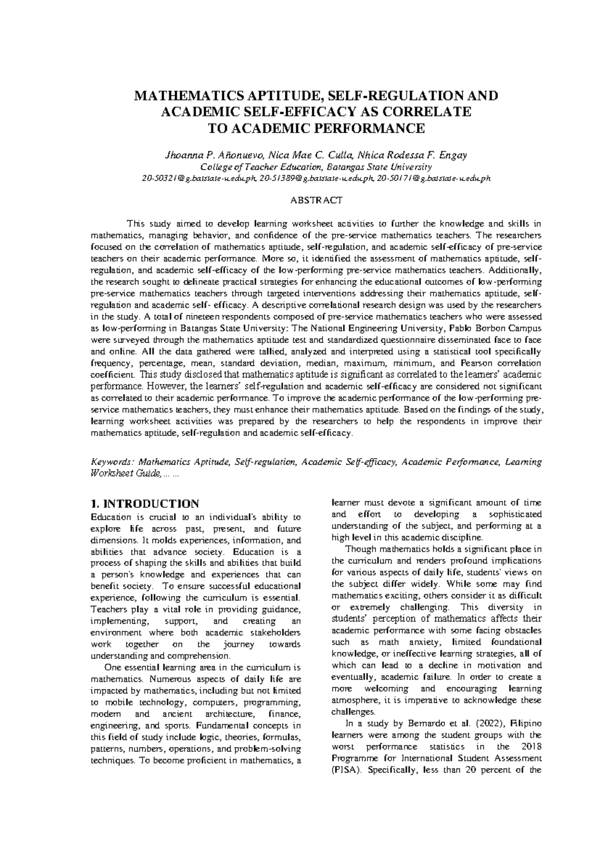 BSED MATH - Añonuevo, Culla, Engay - Executive Summary - MATHEMATICS APTITUDE, SELF-REGULATION ...