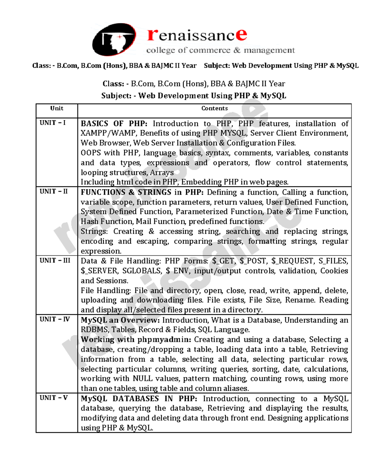 Web Development Using Php My Sql Notes Class B B Hons Bba