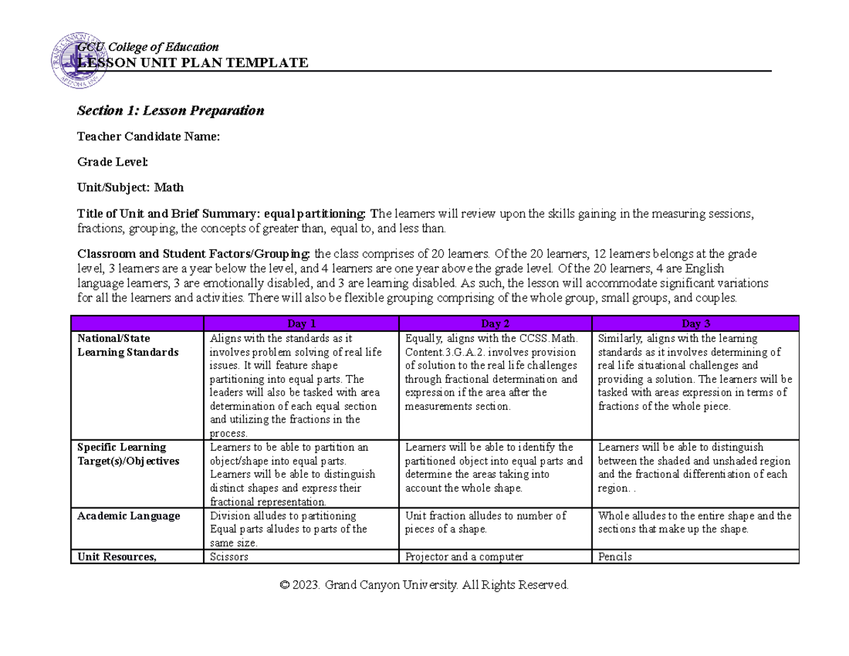 3 Day Unit Plan Template - Communication - KU - Studocu