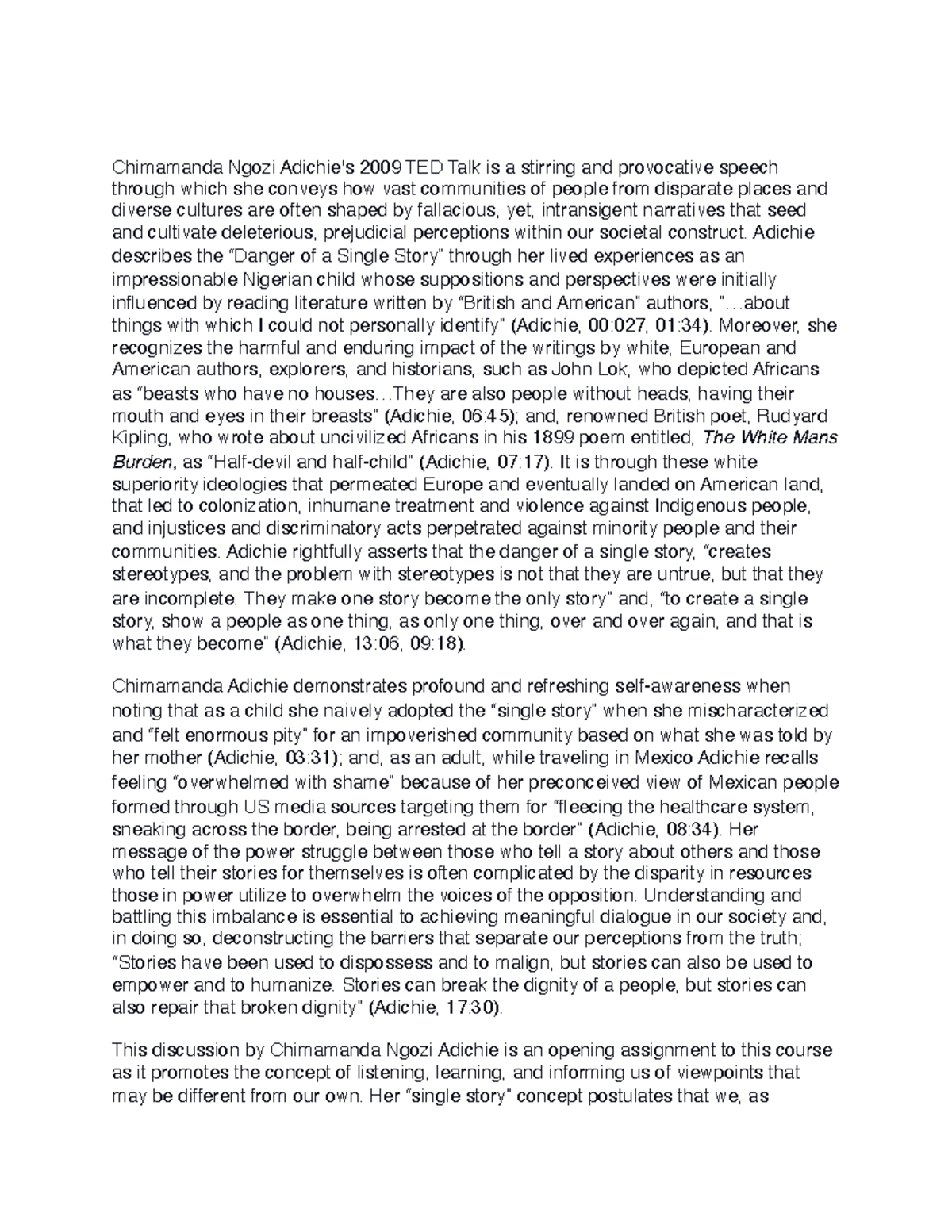 Amind-440 Adichie Ted Talk Essay - Chimamanda Ngozi Adichie's 2009 TED ...