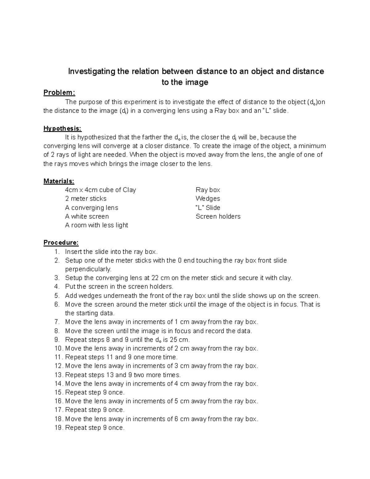 Light Lab - Investigating the relation between distance to an object ...