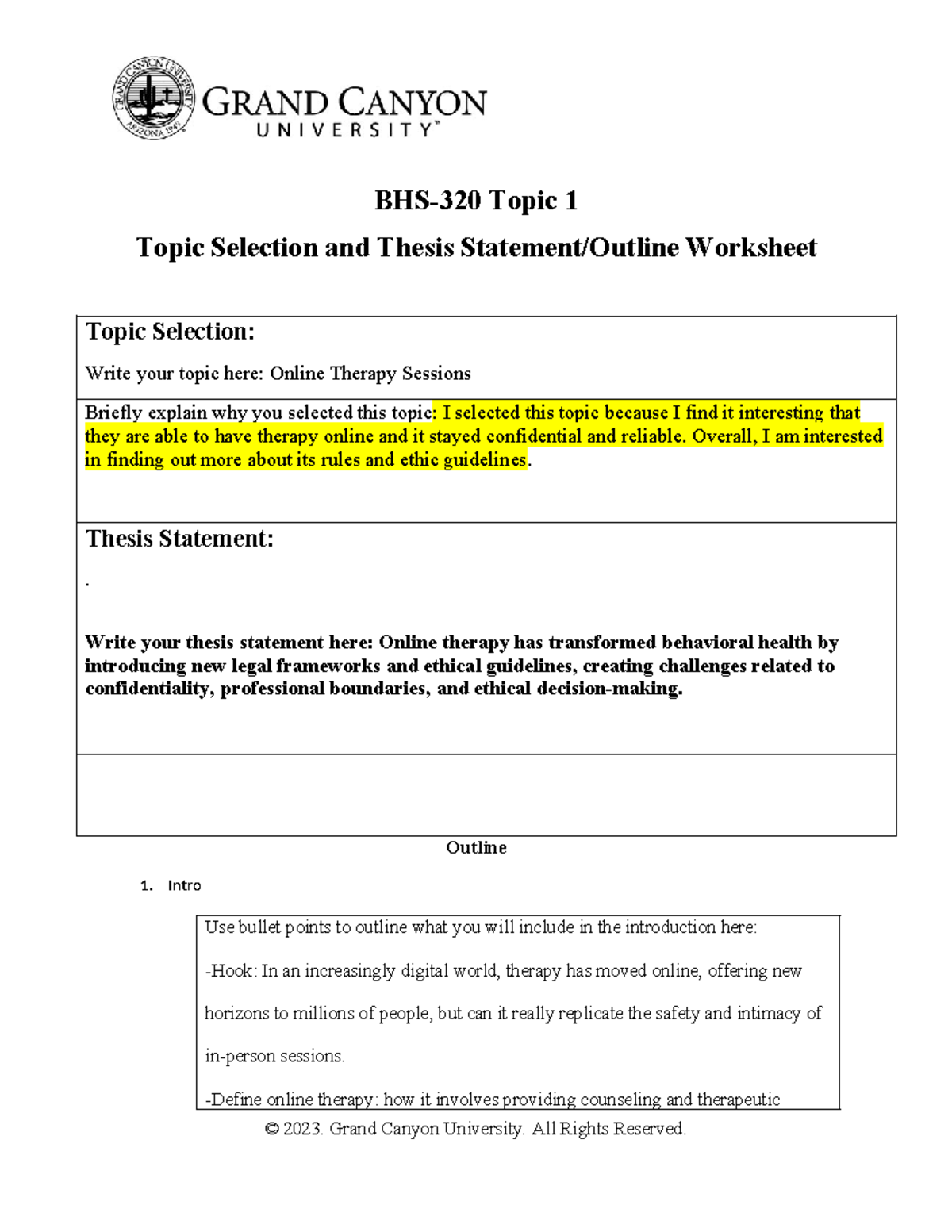 BHS 320 RS T1 Topic Selection Thesisand Outline Worksheet - BHS-320 Topic 1 Topic Selection and ...