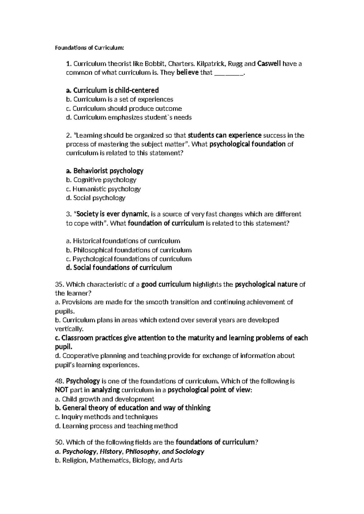 Questions for Curr Dev - Foundations of Curriculum: 1. Curriculum ...