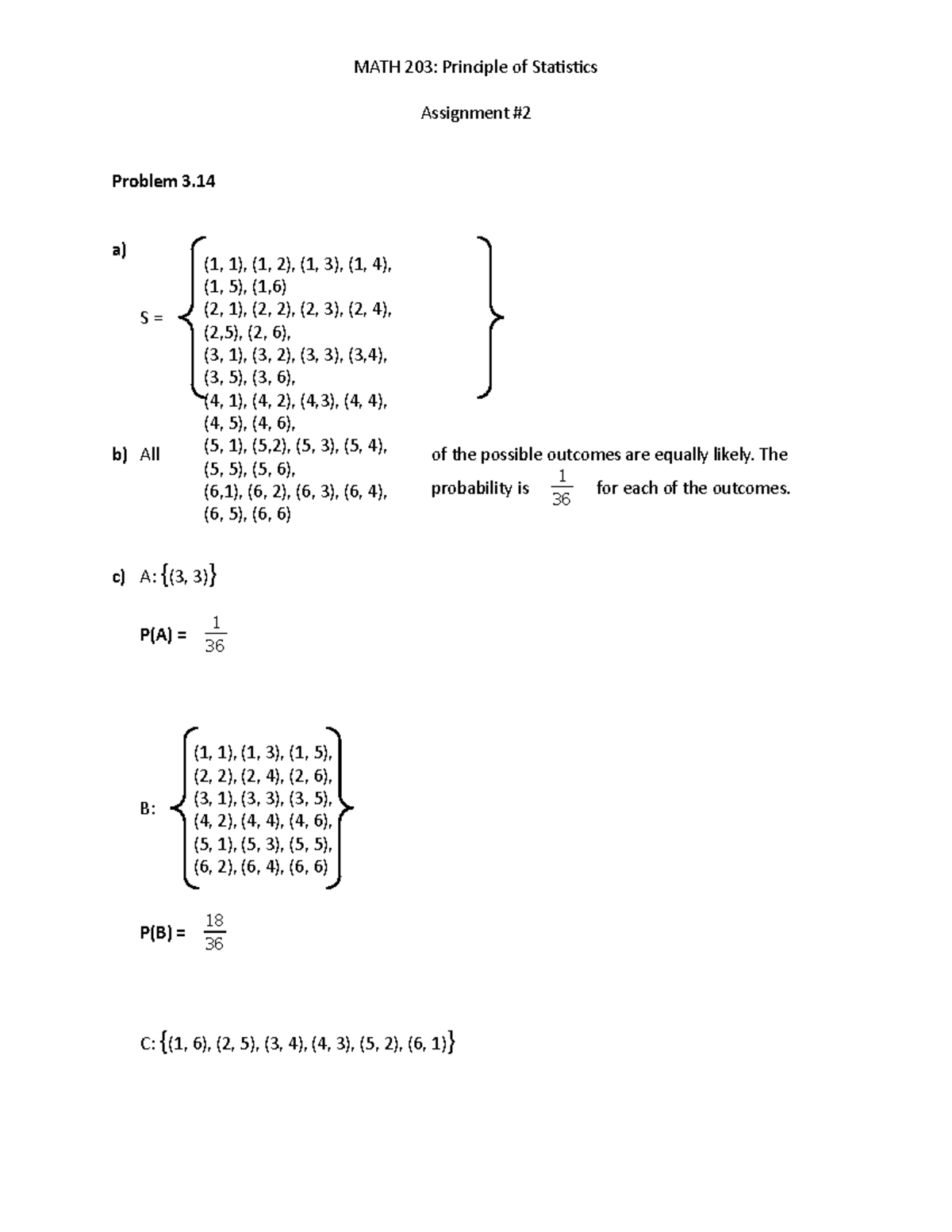 MATH 203: Principle of Statistics_Assignment #2 - a) S = b) All of the ...
