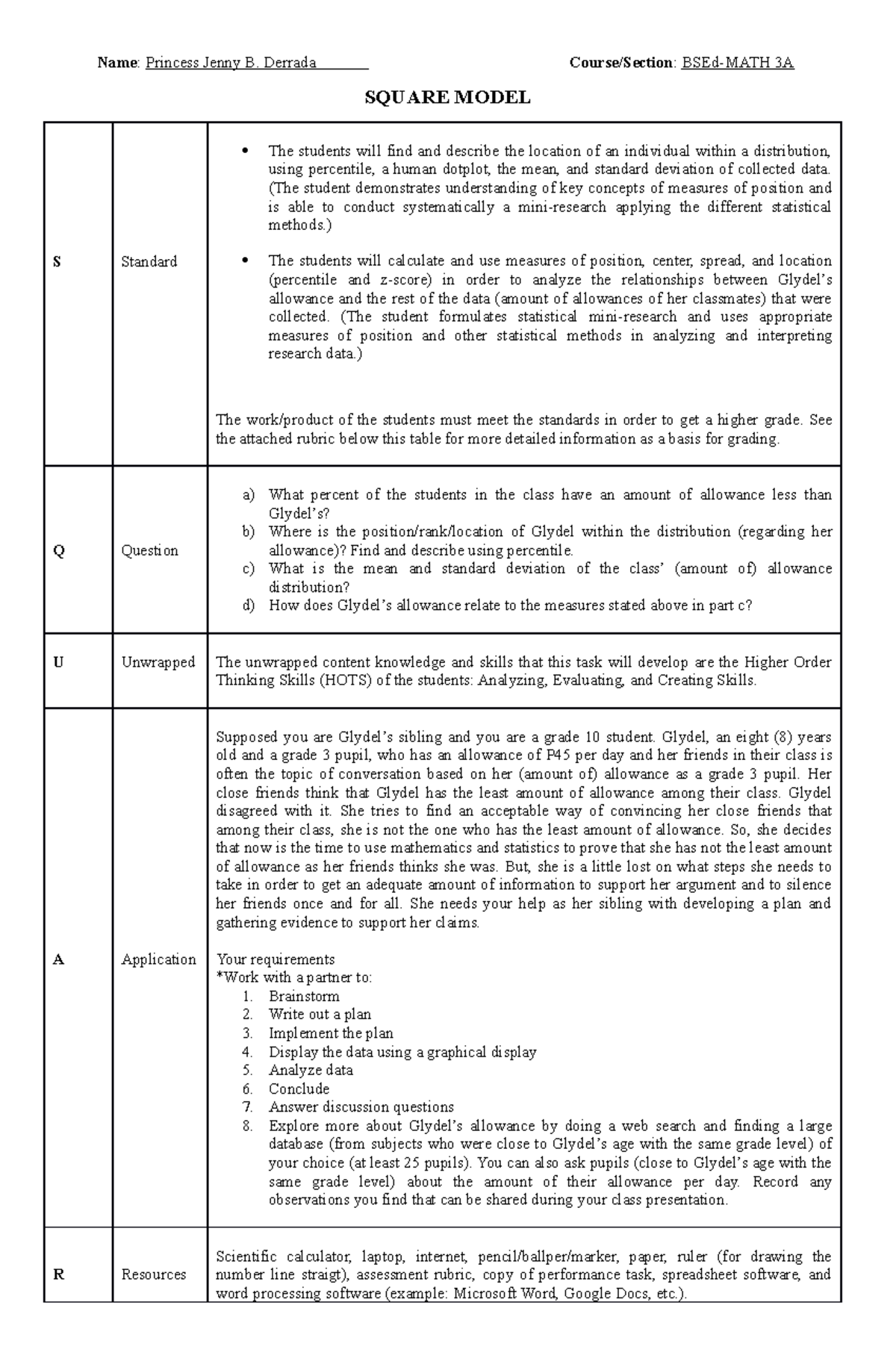 Square Model by Derrada - Name: Princess Jenny B. Derrada Course ...