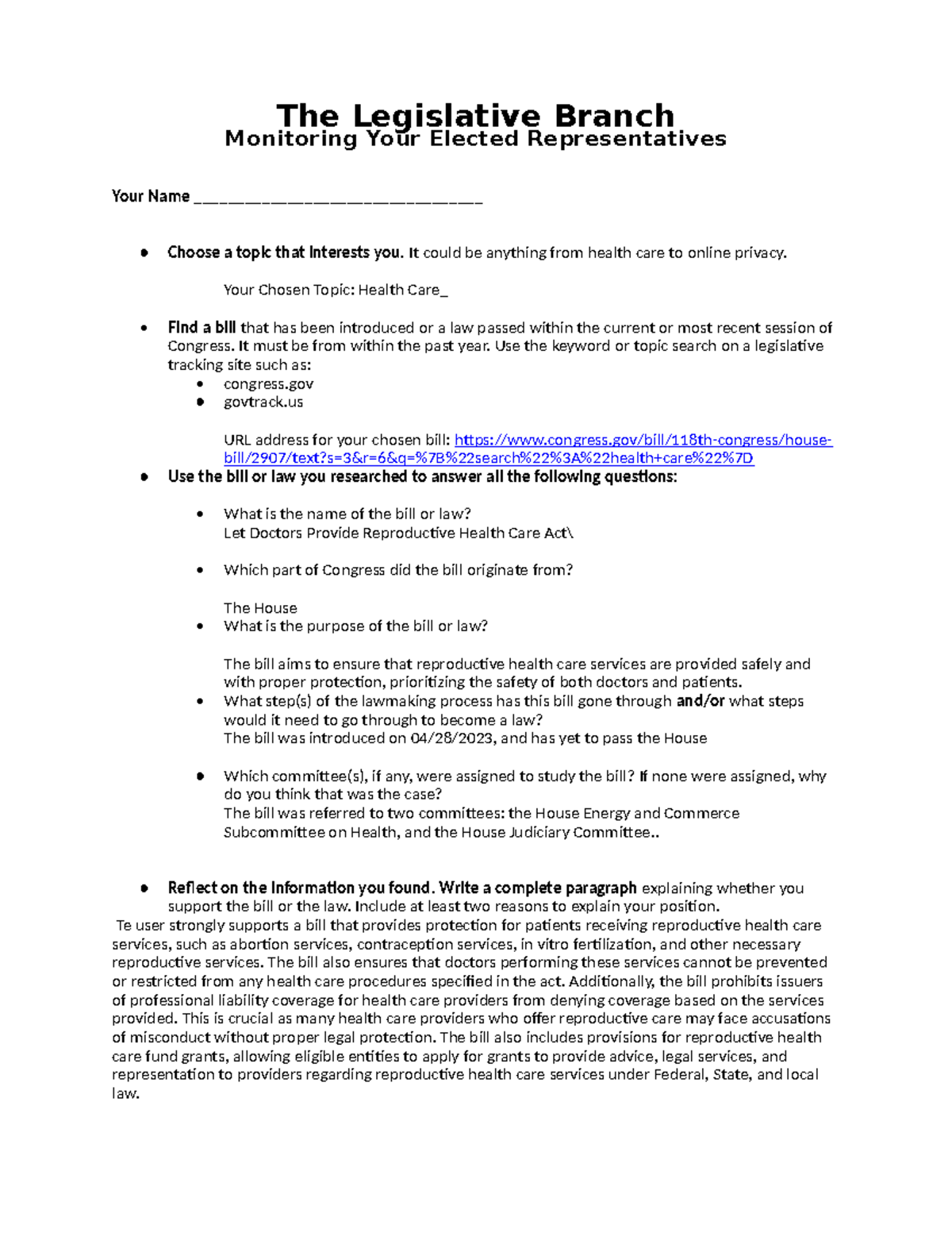 The legislative branch assignment template 2 - The Legislative Branch ...