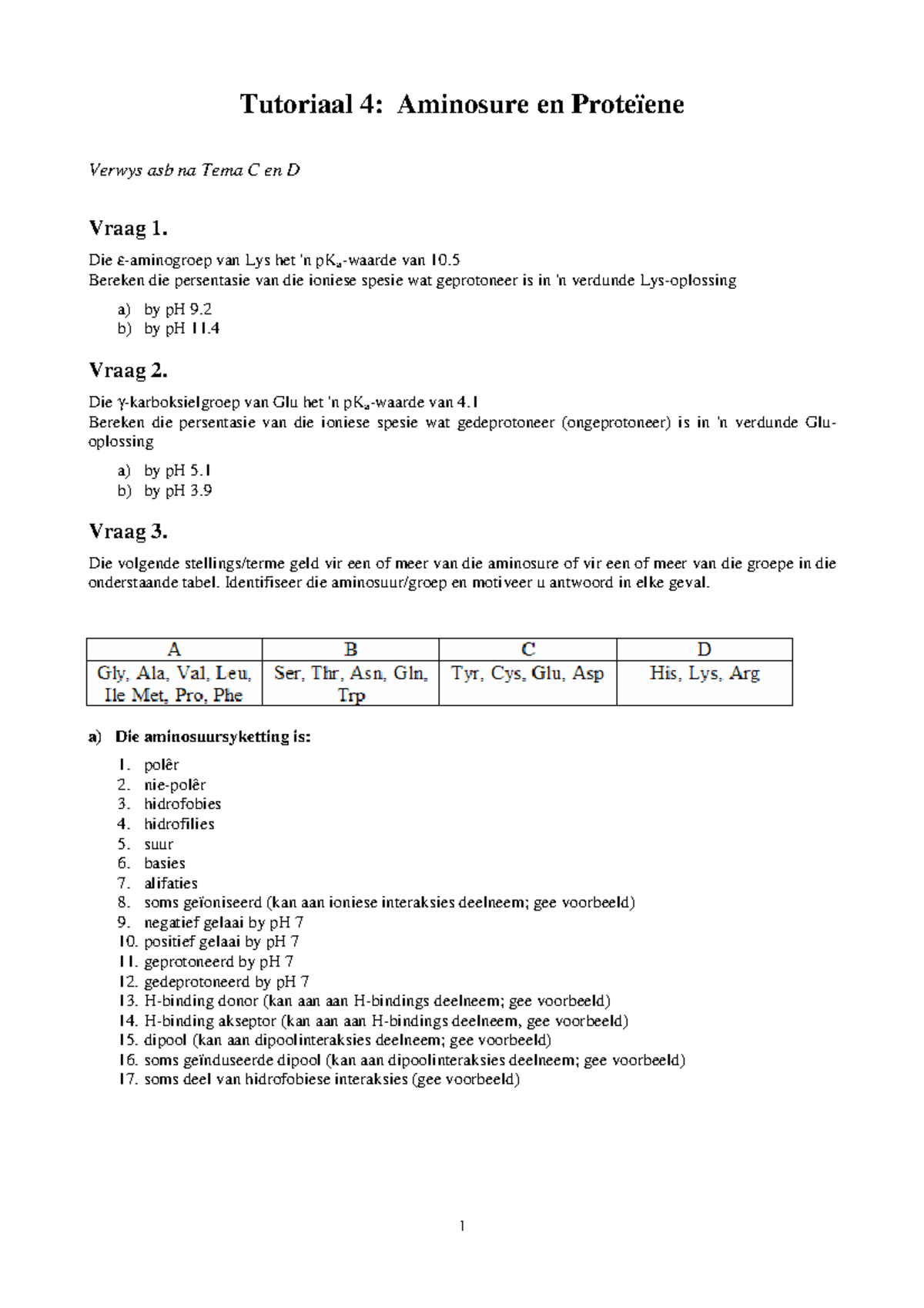 214 20tut 204 20Afr - dddd - 1 Tutoriaal 4: Aminosure en Proteïene ...