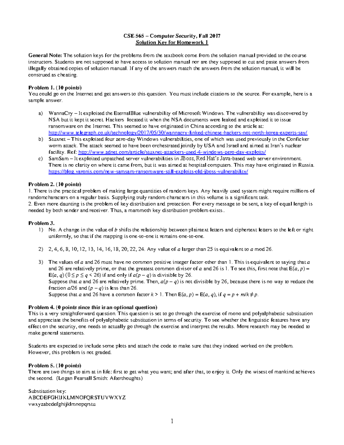 Homework 1 solnkey - CSE 565 Computer Security, Fall 2017 Solution Key for Homework 1 General ...