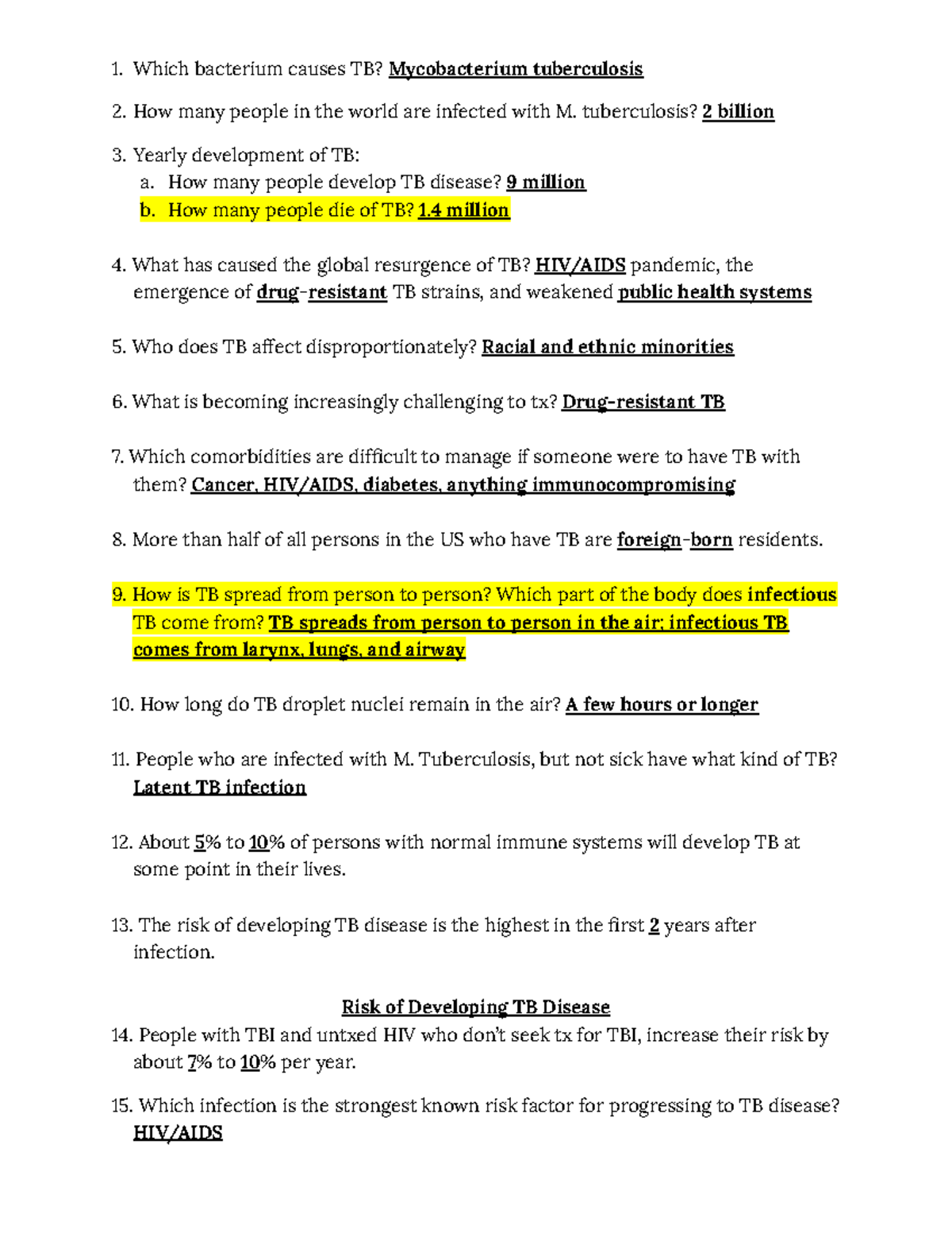 TB Questions Study Sheet w Answers - Which bacterium causes TB ...