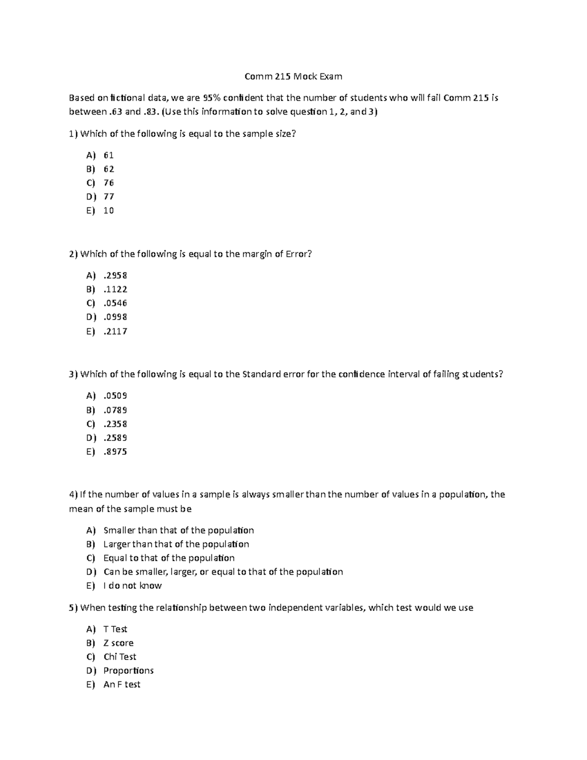Comm 215 Mock Final Exam 2019 - Comm 215 Mock Exam Based on fictional ...
