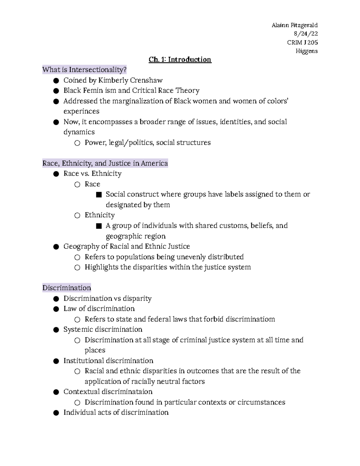 Ch. 1 Introduction - Color of Justice Notes - Alainn Fitzgerald 8/24 ...