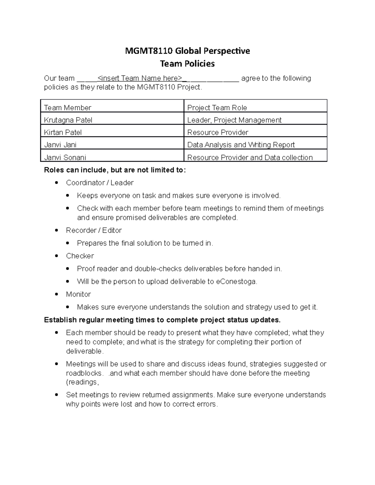 Team Policies - Notes - MGMT8110 Global Perspective Team Policies Our team