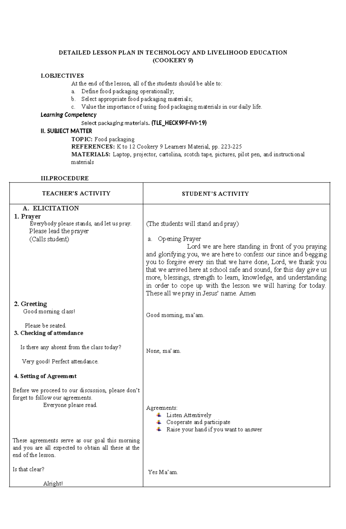 Final DEMO Cookery 9- COT-food packaging - DETAILED LESSON PLAN IN ...