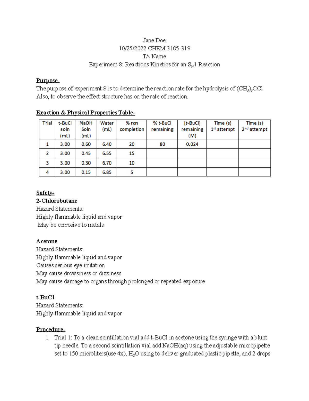 Copy of Organic Chemistry Lab 8 - Jane Doe 10/25/2022 CHEM 3105- TA ...