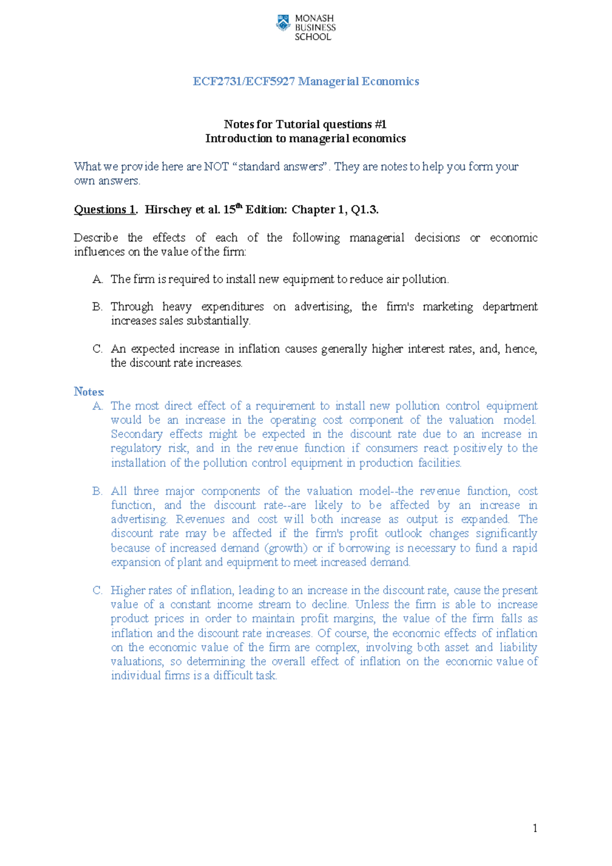 Notes for Tutorial questions #1 Introduction to managerial economics ...