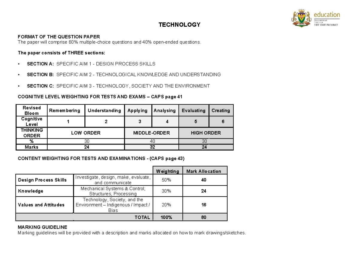 Technology Gr 8 and 9 Assessment Framework June 2024 - TECHNOLOGY ...