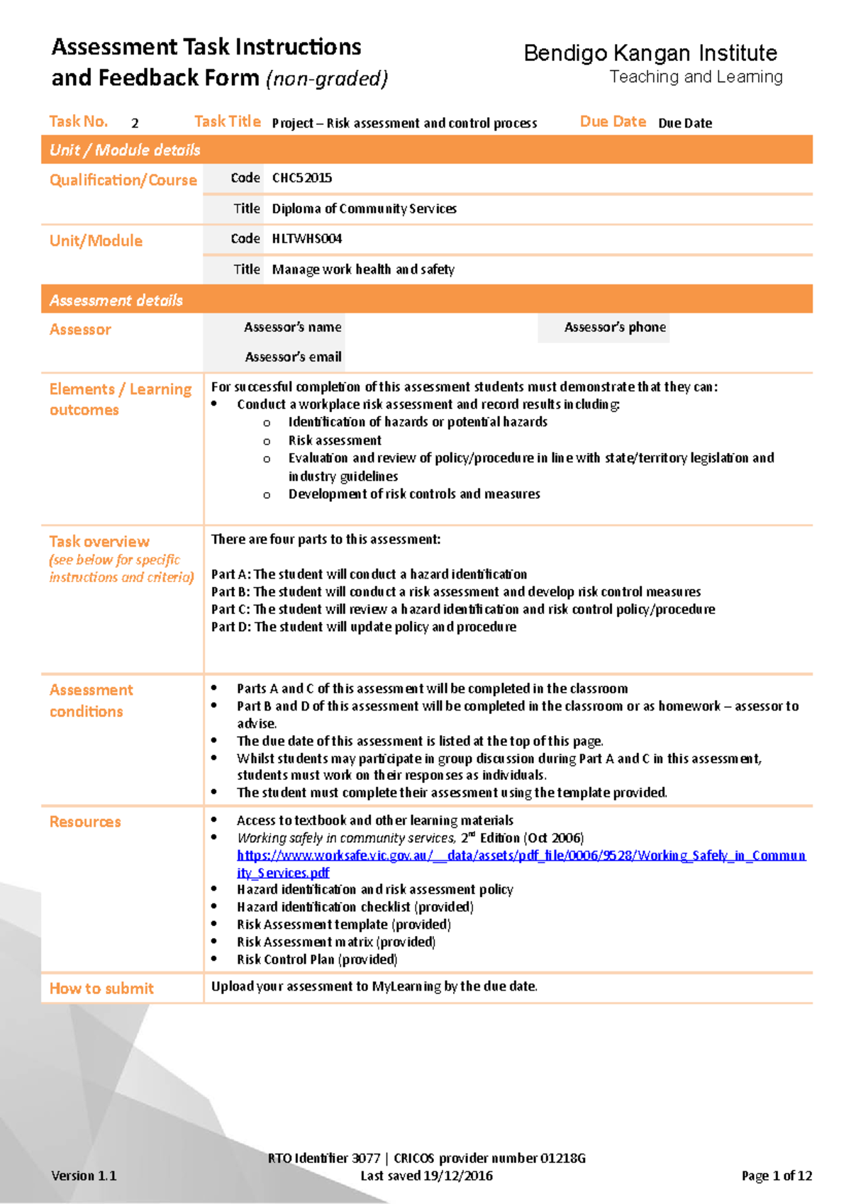 Hltwhs 004 AT2 WHS - Diploma Of Community Services - Assessment Task ...