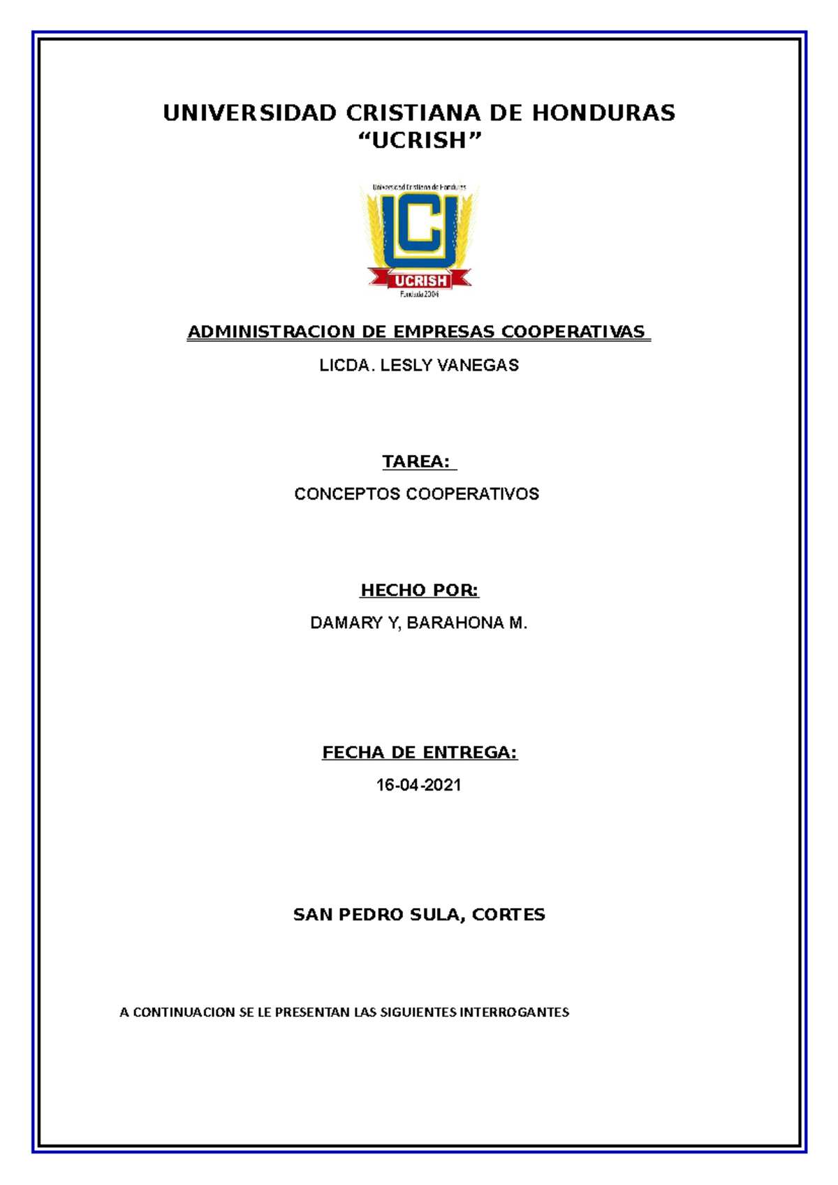 Cooperativas conceptos - UNIVERSIDAD CRISTIANA DE HONDURAS “UCRISH ...