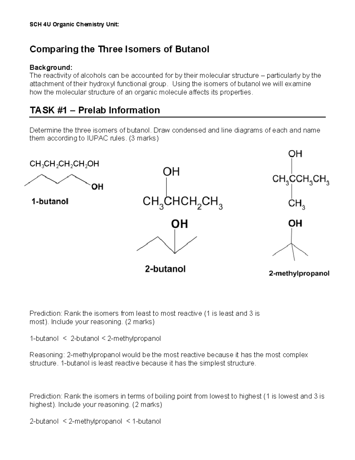 Isomers of Butanol - note - SCH 4U Organic Chemistry Unit: Comparing ...