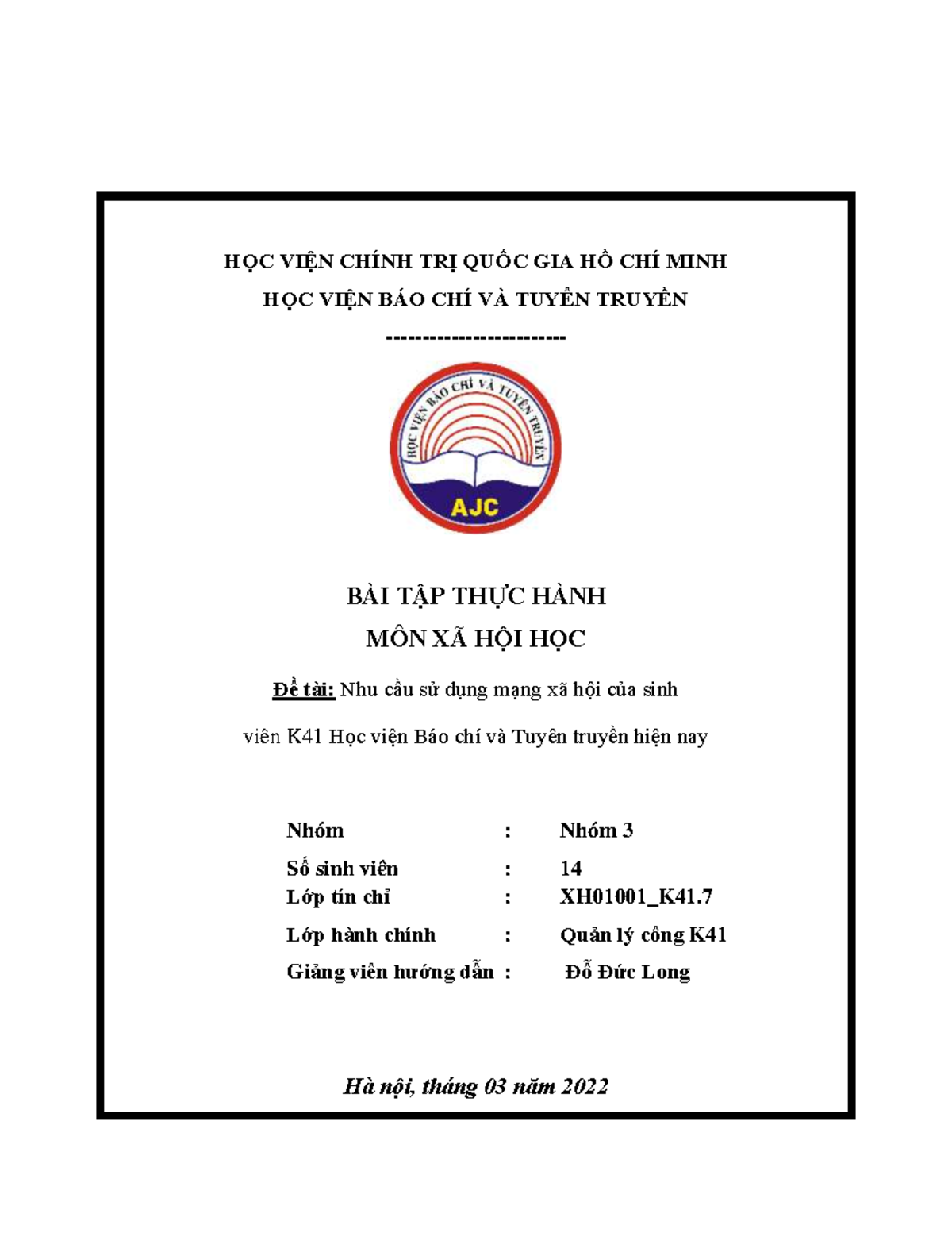 XHH Nhóm 3 QLC K41 14 Sinh viên - HỌC VIỆN CHÍNH TRỊ QUỐC GIA HỒ CHÍ MINH HỌC VIỆN BÁO CHÍ VÀ ...