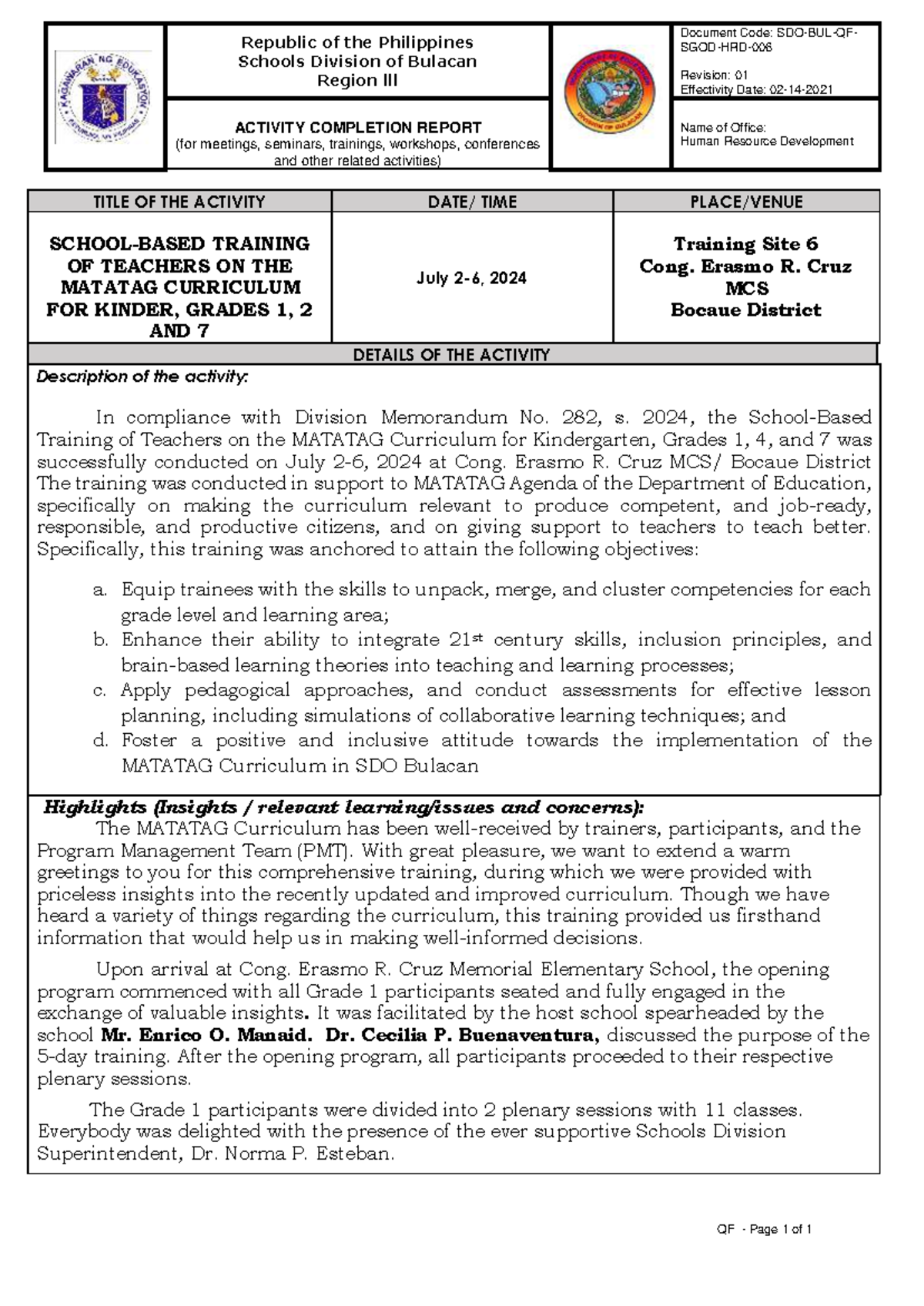 ACR DAY1 5 Grade 1 Bocaue JULY 2 6 2024 - Republic of the Philippines ...