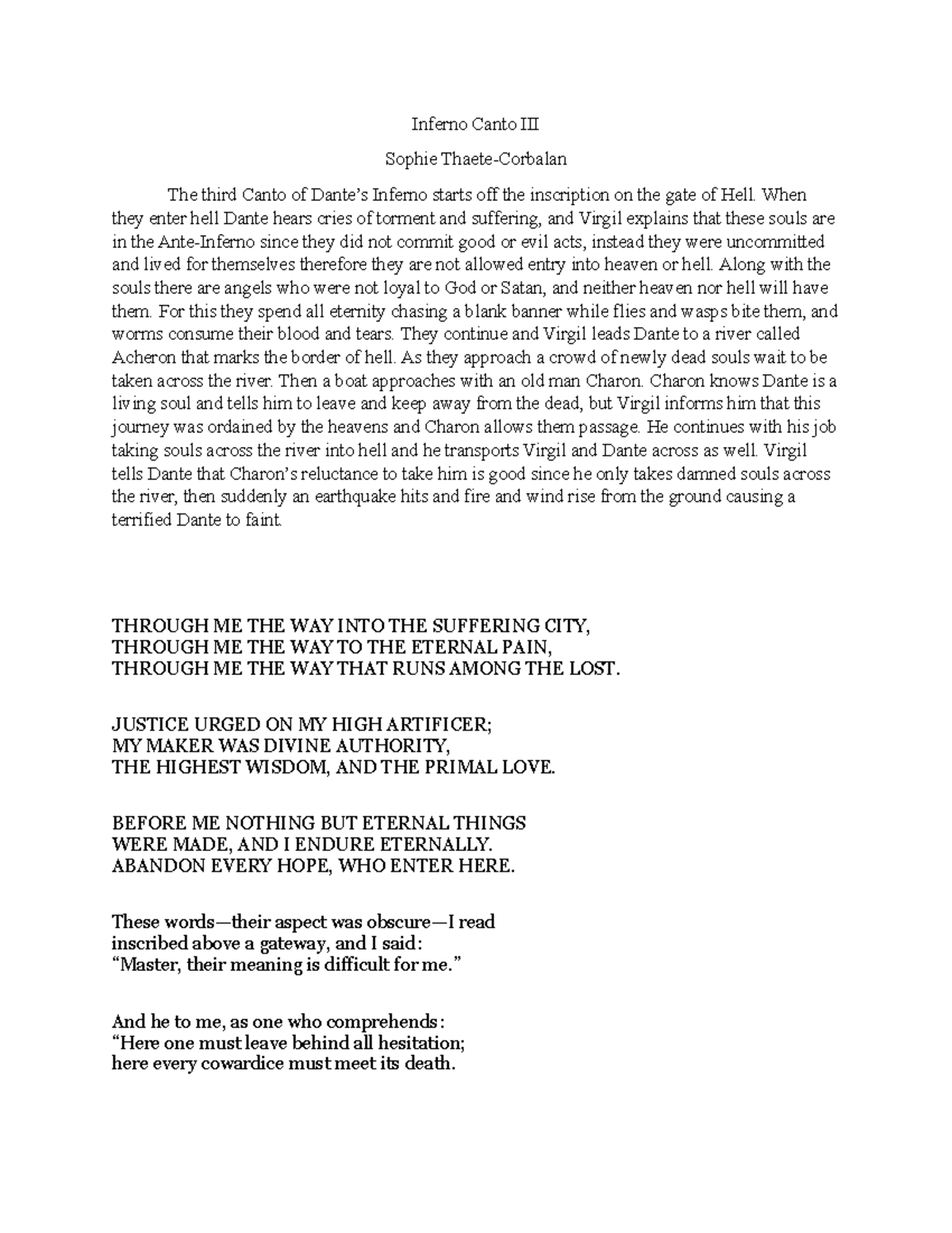 Annotation of Canto - Inferno Canto III Sophie Thaete-Corbalan The ...