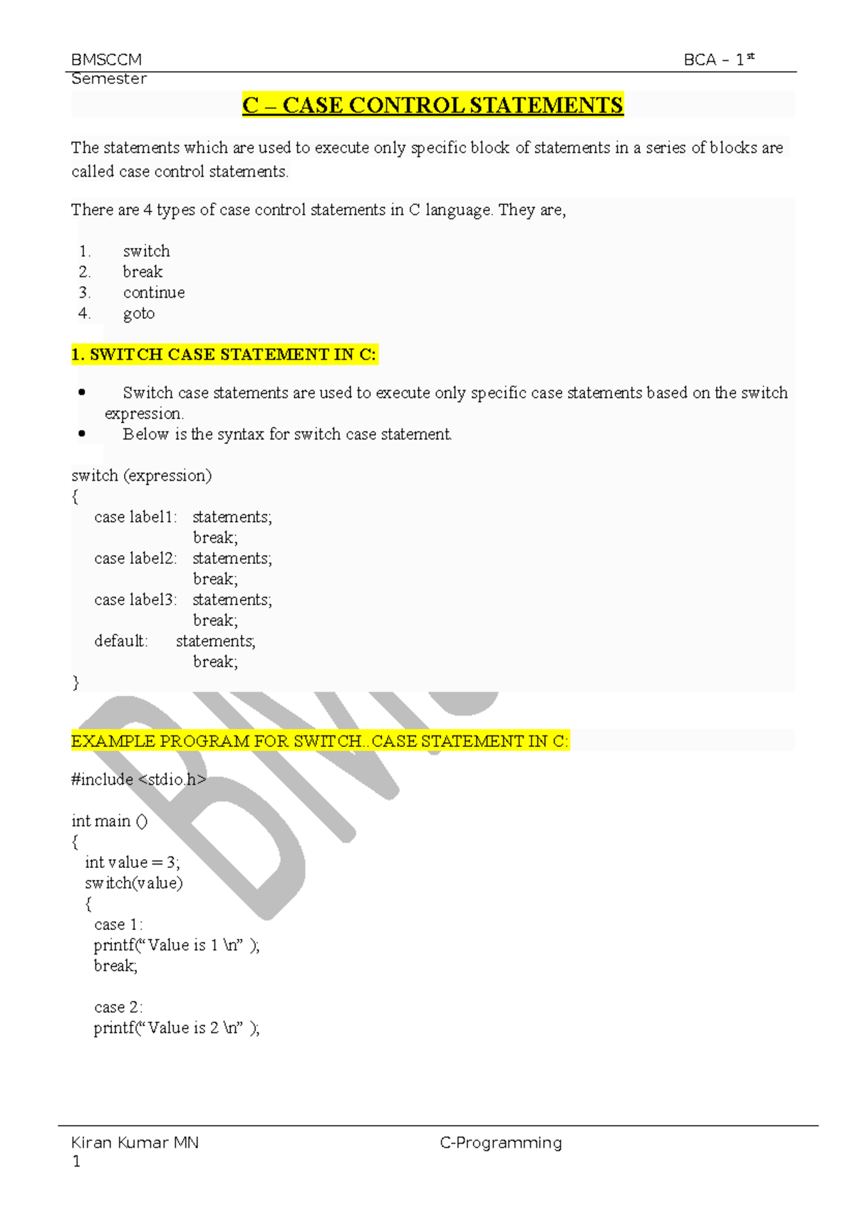 C-Programming Notes 6 - ...... - Semester C – CASE CONTROL STATEMENTS ...