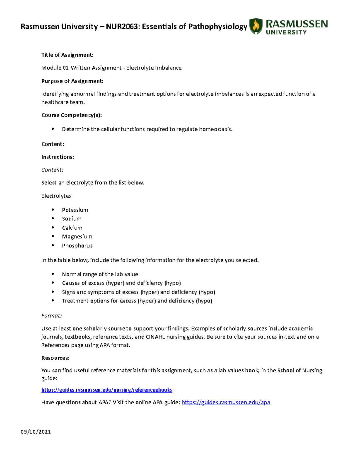 NUR2063 Module 01Written Assignment-Electrolyte Imbalance - Rasmussen ...
