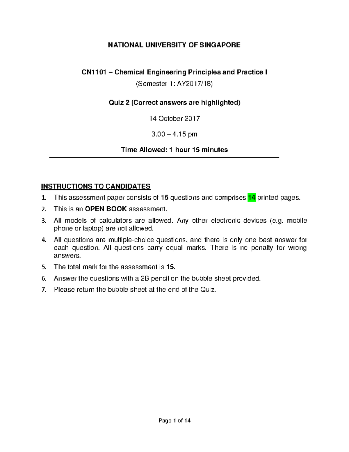 CN1101 QUIZ 2 AY17-18 - Quiz Qs - NATIONAL UNIVERSITY OF SINGAPORE CN1101 – Chemical Engineering ...