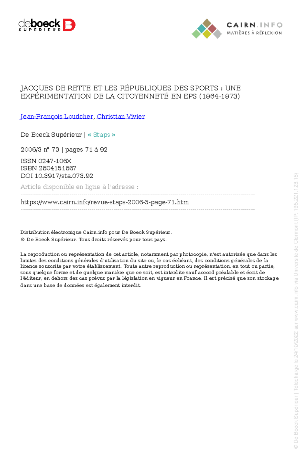 République des sports JDR 1964 - JACQUES DE RETTE ET LES RÉPUBLIQUES ...