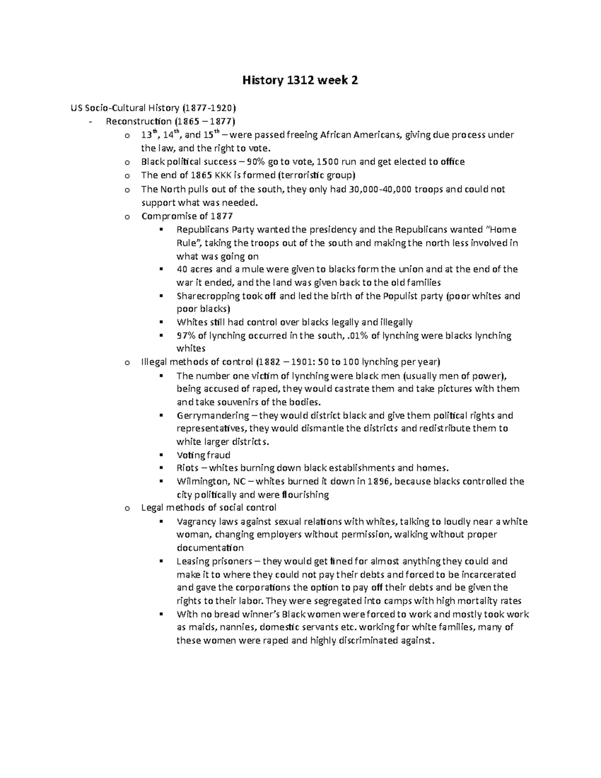 Notes week 2 - Summer 2018 - History 1312 week 2 US Socio-Cultural ...