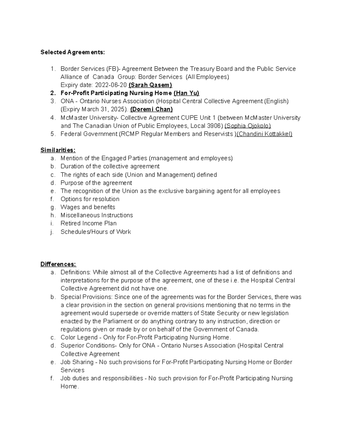 Collective agreement - class activity - Selected Agreements: 1. Border ...